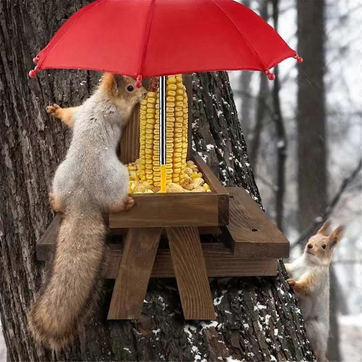Wooden Squirrel Feeder Bird Pet Dining Table Bench Hanging Feeding Table Mini Umbrella Ornaments ...