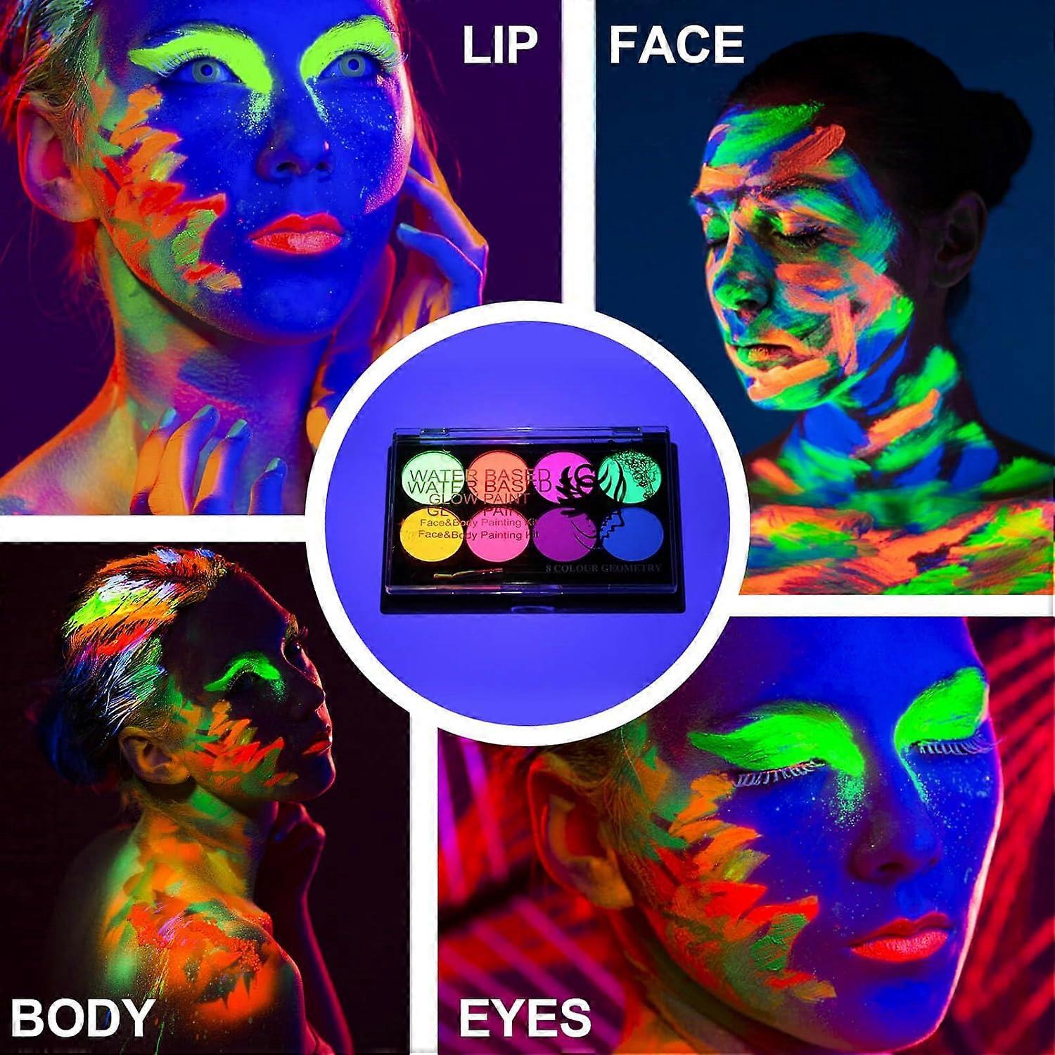 Glow UV Blacklight Face Paint, 8 Bright Colors Neon Fluorescent Body ...