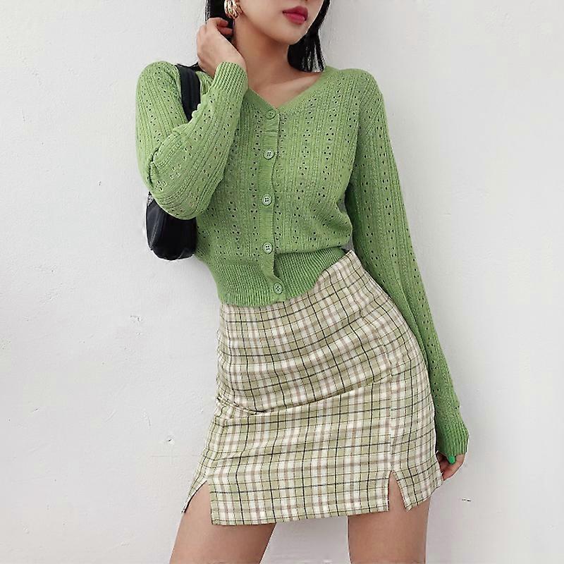 XIANRENGE Summer Harajuku Uniform Women Skirt Split Details Plaid Mini ...