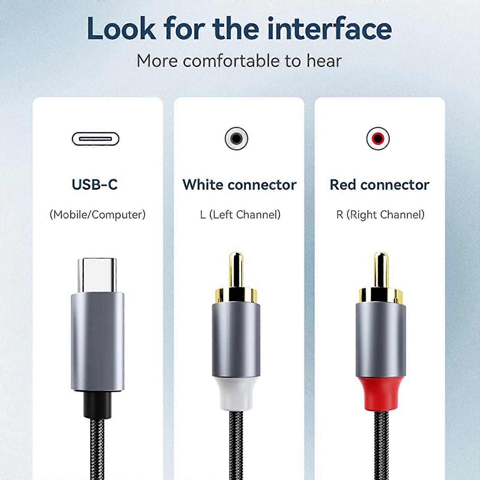 Type C to 2RCA Adapter Cable Plug and Play Cord Y Splitter Wire Line ...