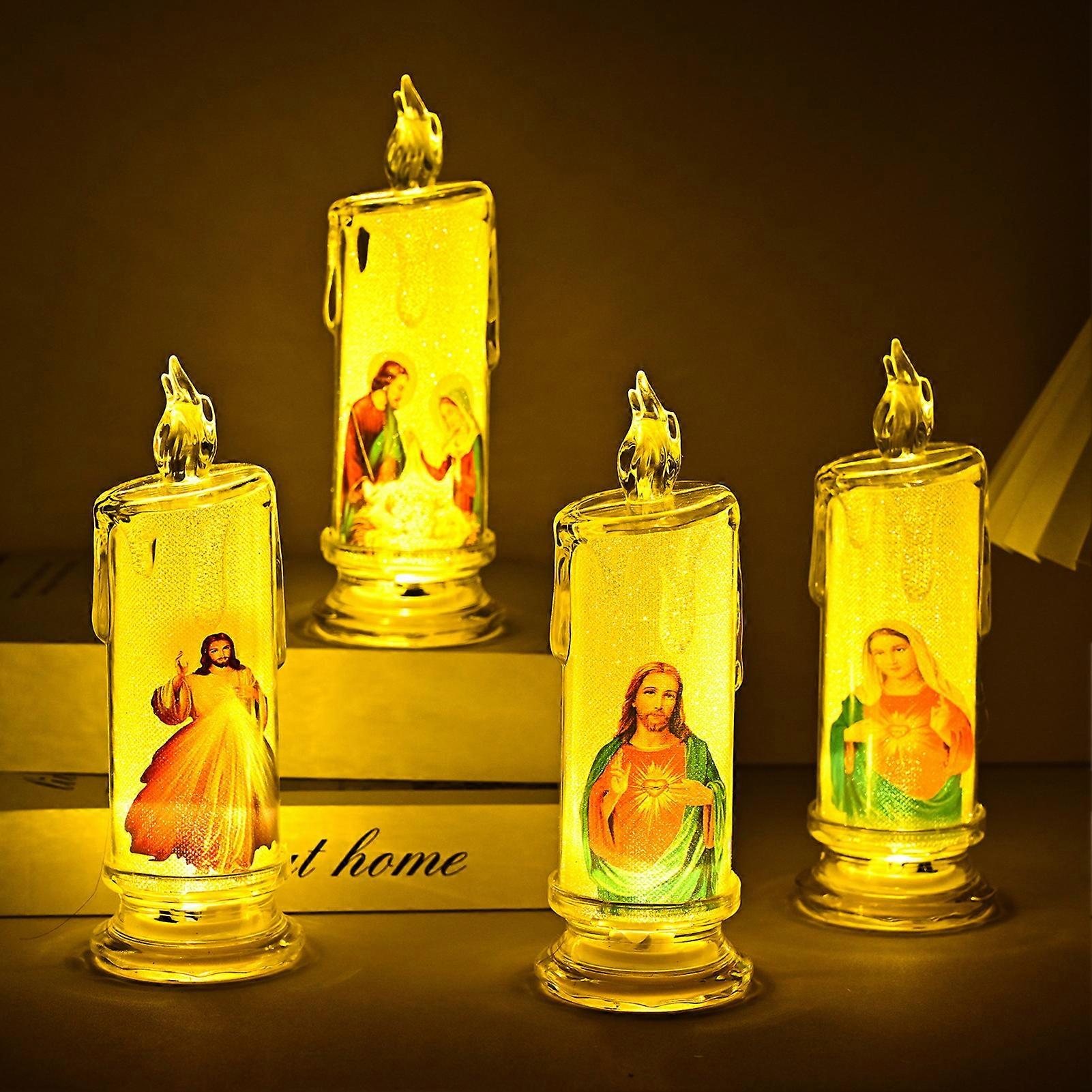1/4Pcs LED Prayer Flameless Candle Holy Family Jesus Joseph Virgin Mary ...