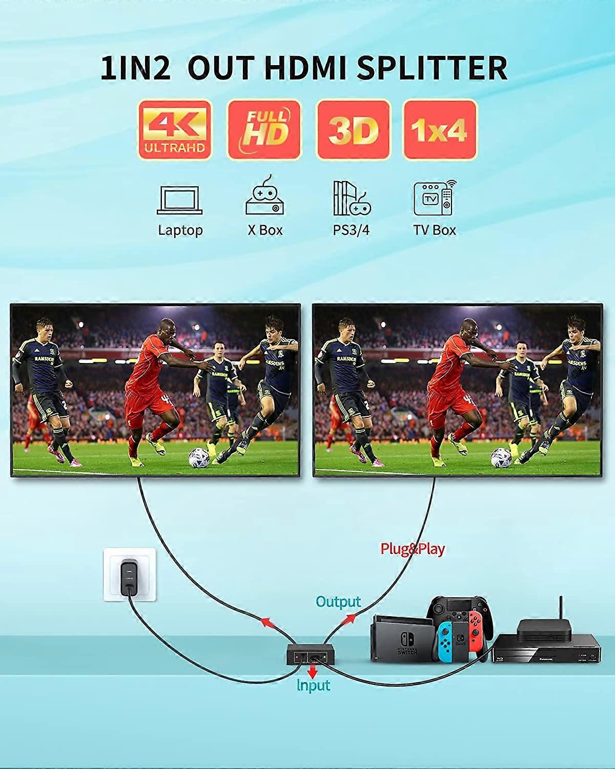 HDMI Splitter 1 in 4 Out 4 Way HDMI Distribution Supports 3D 4K 1080P ...