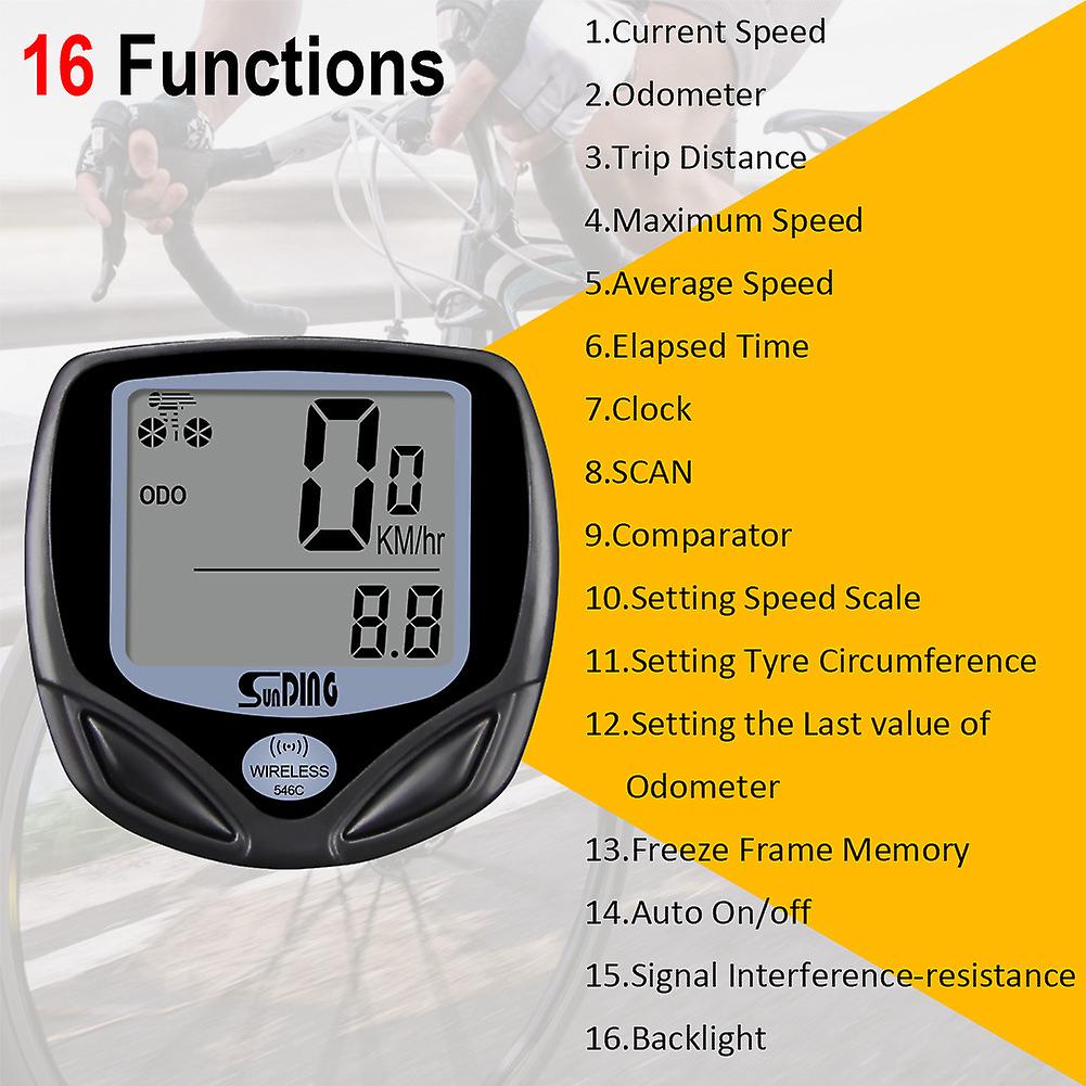 1Pc, Bike Computer Wireless 16 Function IP54 Waterproof LCD Display ...