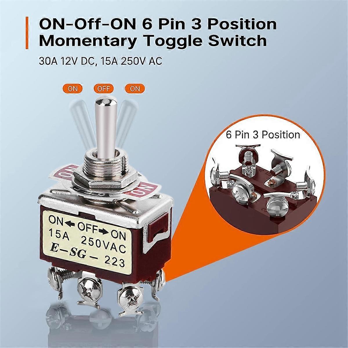 5PCS Momentary Toggle Switch 12V DC 3 Position 30A DPDT (ON)-Off-(ON) 6 ...