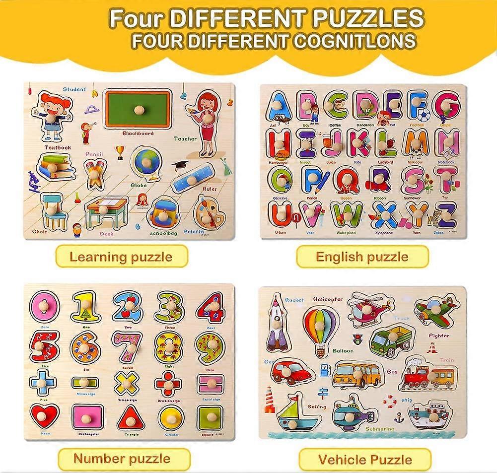 Wooden Peg Puzzles for Toddlers, 4 Pack ABC Alphabet Number Animal ...