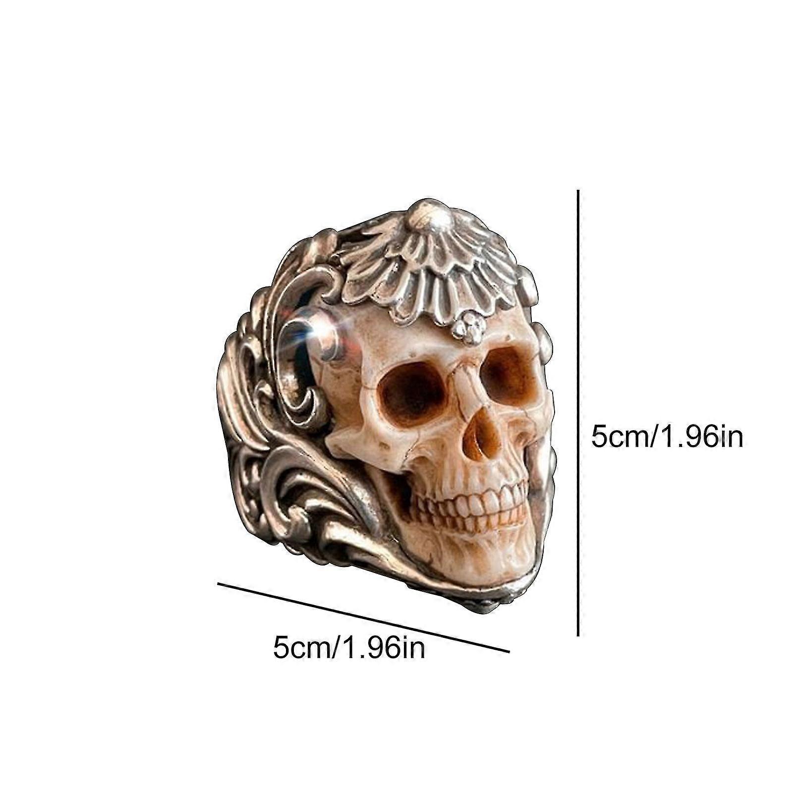 Vintage Polish Floral Armor Antler Skull Ring, Adjustable Open Gothic Punk Antique Style Skull ...