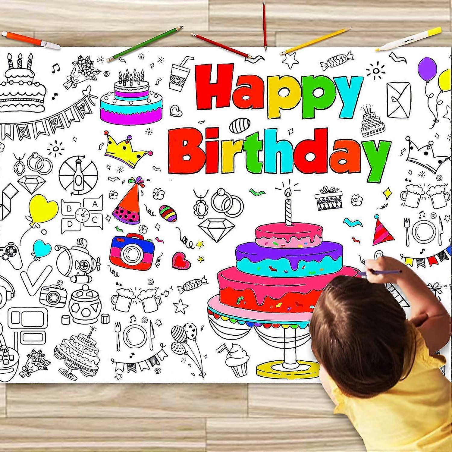 Happy Birthday Coloring Tablecloth, 72 x 31 Inch Giant Coloring Poster ...