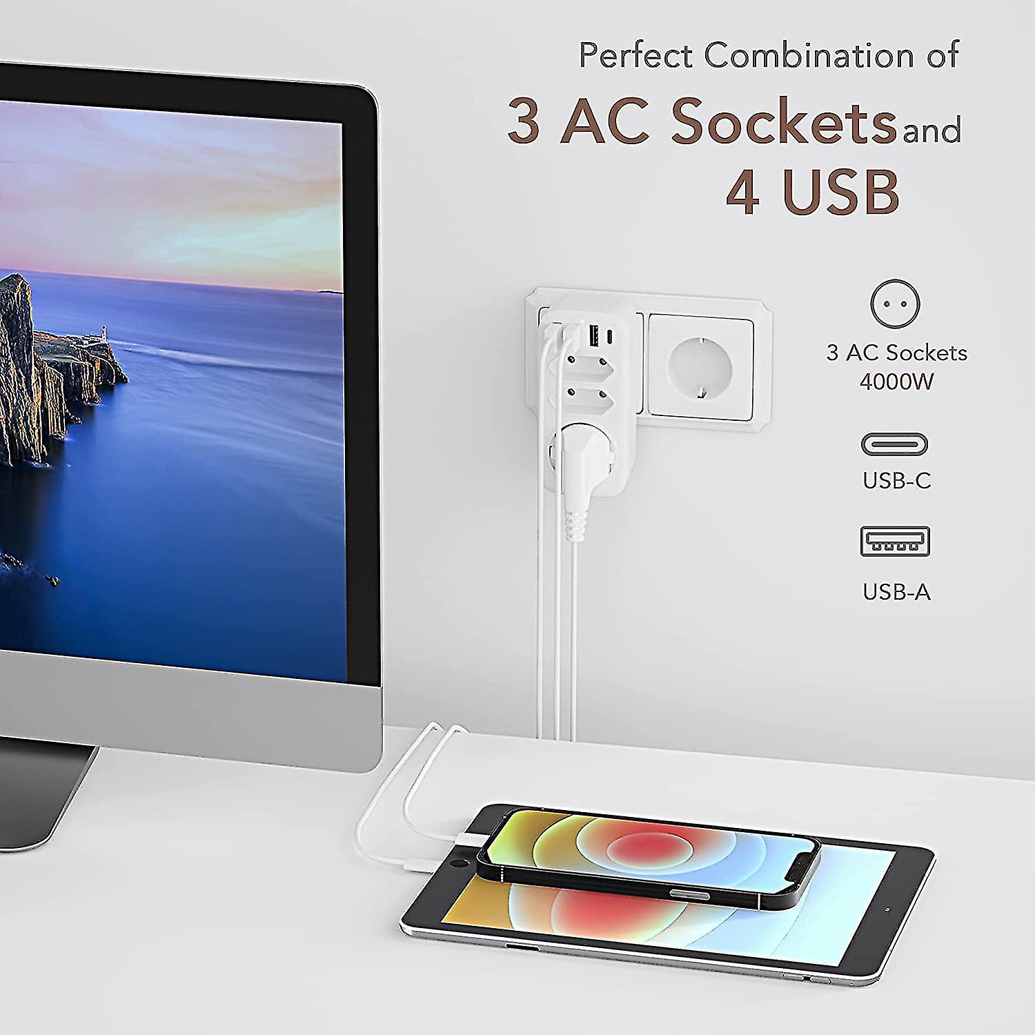 7-in-1 Socket Adapter With Usb Charger, 3 Sockets, 3 Usb Ports, 1 Type ...