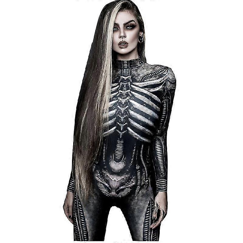 Womens Halloween Costume Skeleton Print Bodysuit Skinny Jumpsuit ...