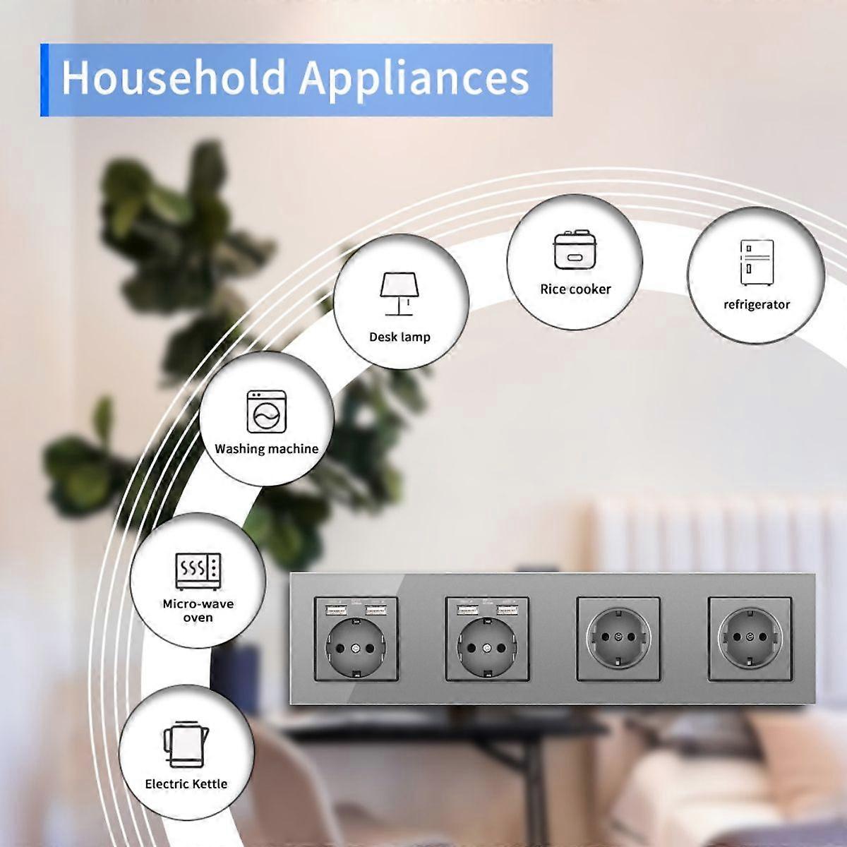 Eu Plug Power 4 Gang Outlets With 4 USB Ports 16A 250V Wall 4 Way Grey ...