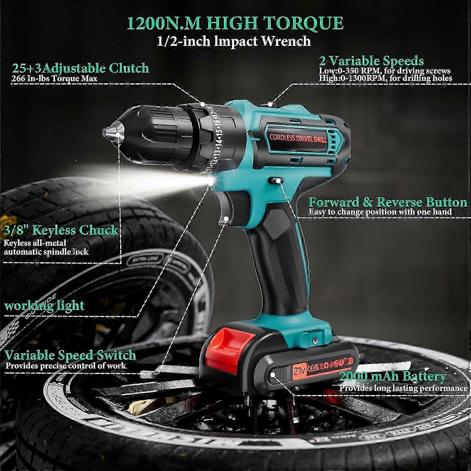 21V Cordless Drill with 2Battery and Charger, Electric drill Set, Power ...