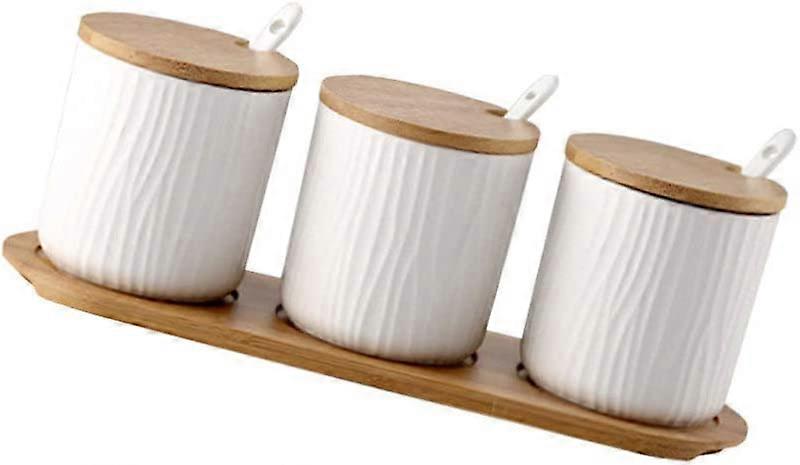 Ceramic condiment jar with lids Spoons Wooden serving tray for kitchen ...