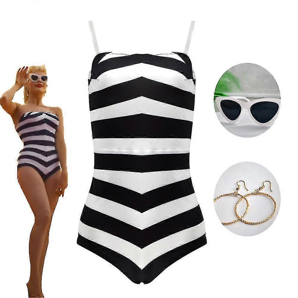 Women Barbie Movies Black & White Striped Swimwear Costume Swimsuit ...