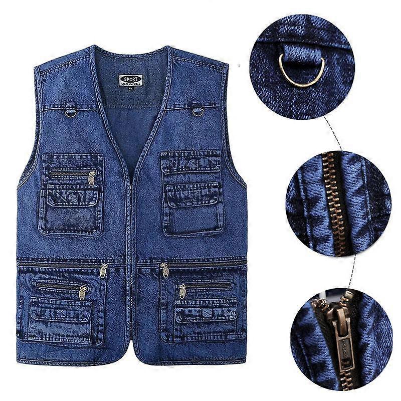 XL-7XL Plus Size Mens Denim Jacket Casual Coat Many Pocket Sleeveless ...