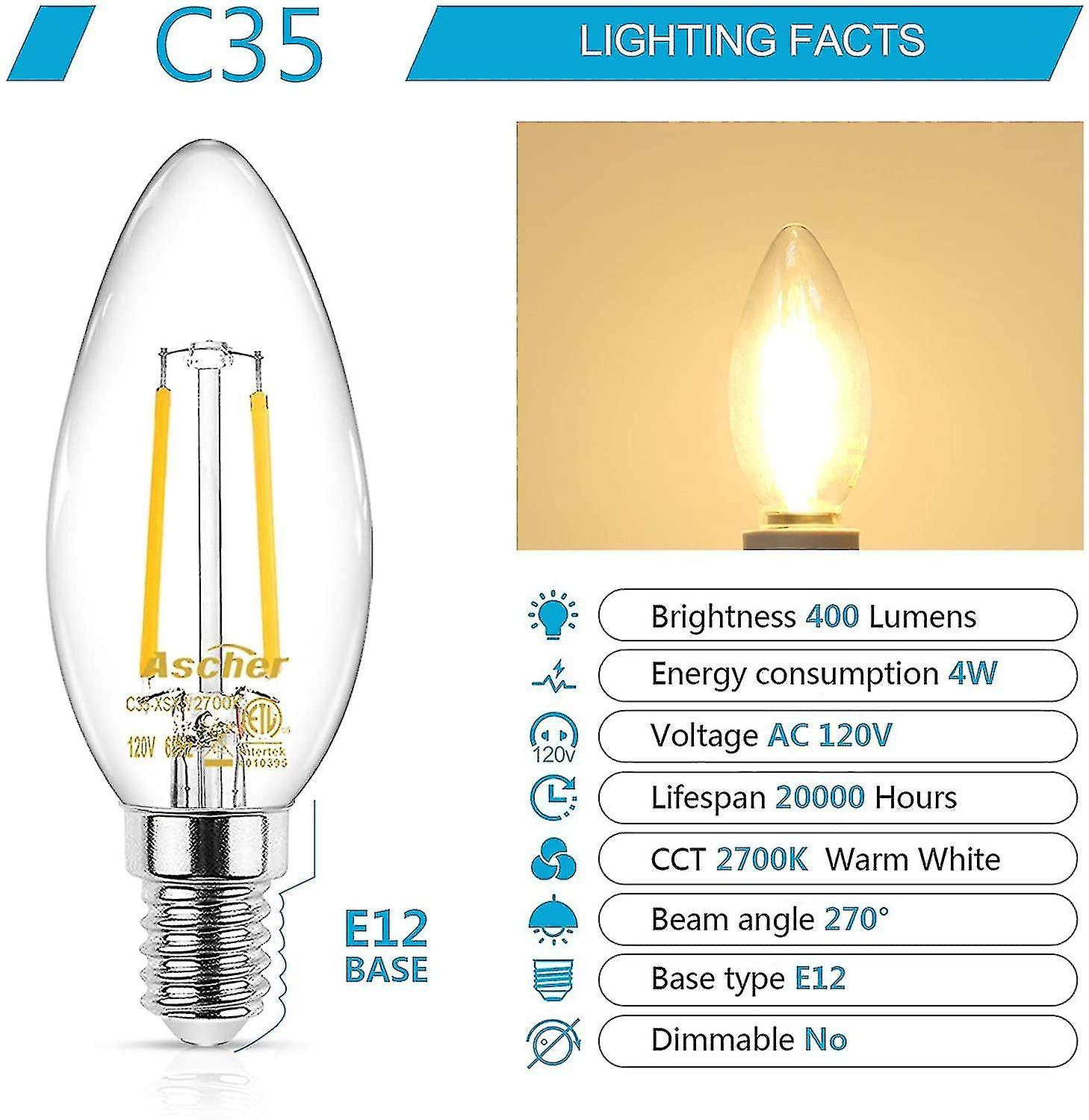 Classic E12 Led Candelabra Light Bulb, Equivalent 40w, Warm White 2700k, Filament Clear Glass ...
