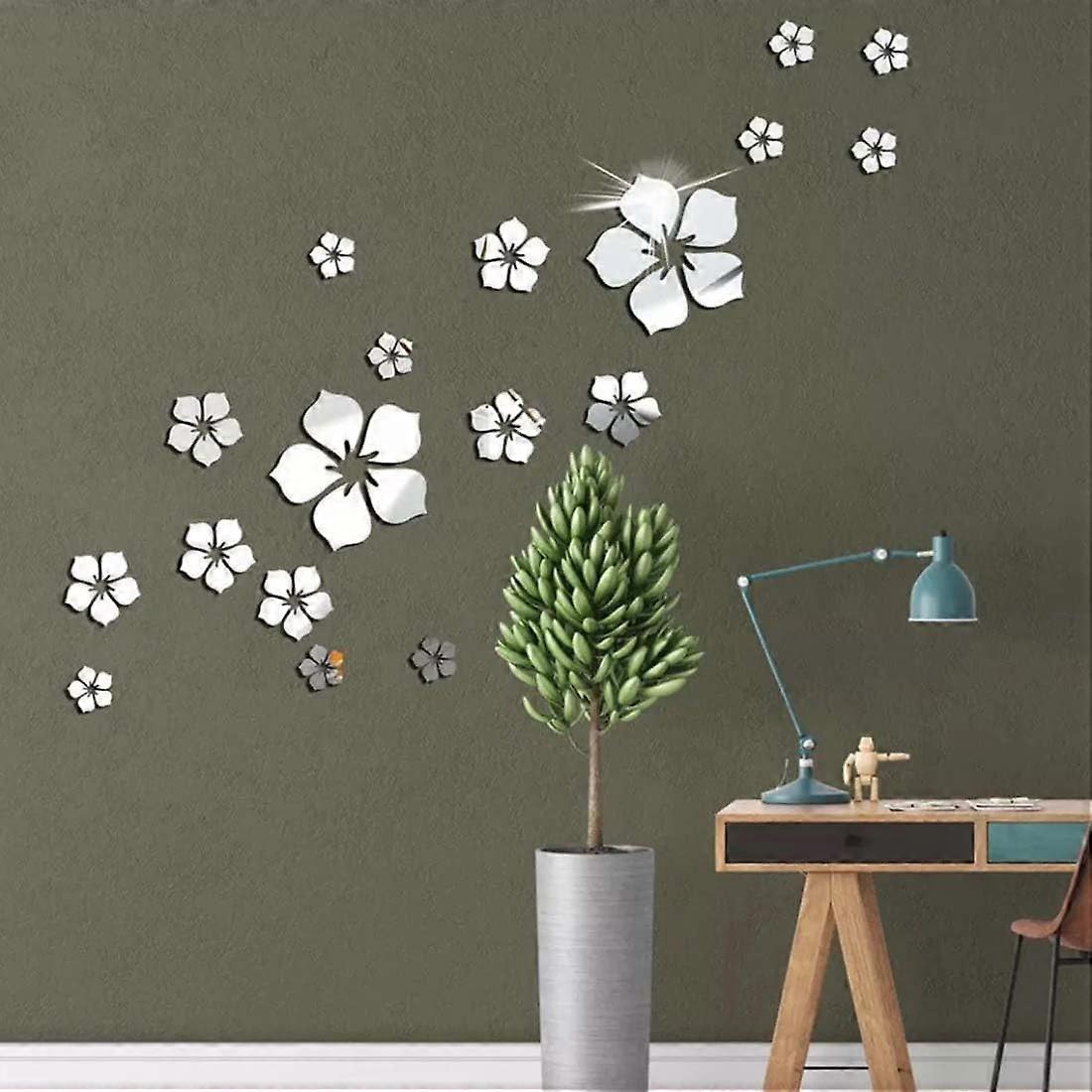 3D Mirror Wall Stickers, Wall Stickers, Silver Flowers, Wall Decoration ...