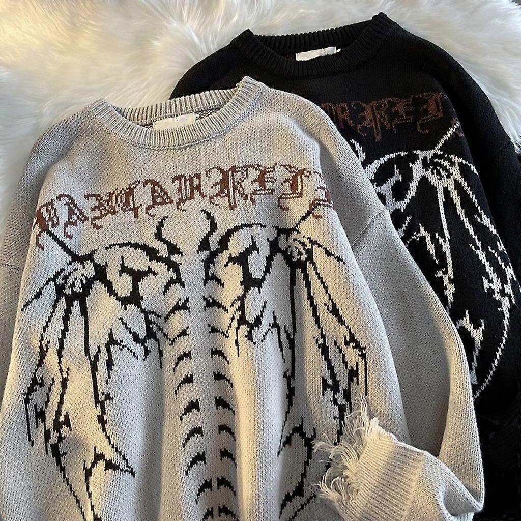 Mens Crewneck Oversized Sweater Gothic Devil Wing Knitwear Ripped ...