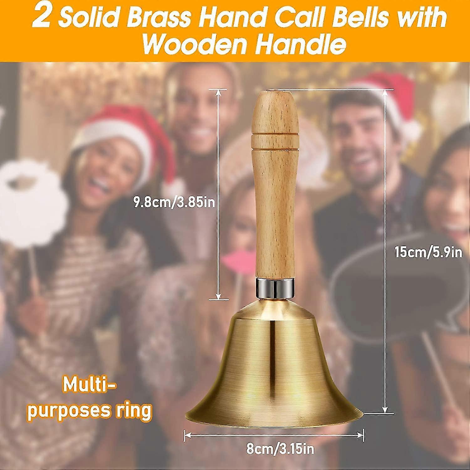 2 Pieces Solid Brass Hand Call Bells With Wooden Handle Handbells Loud ...
