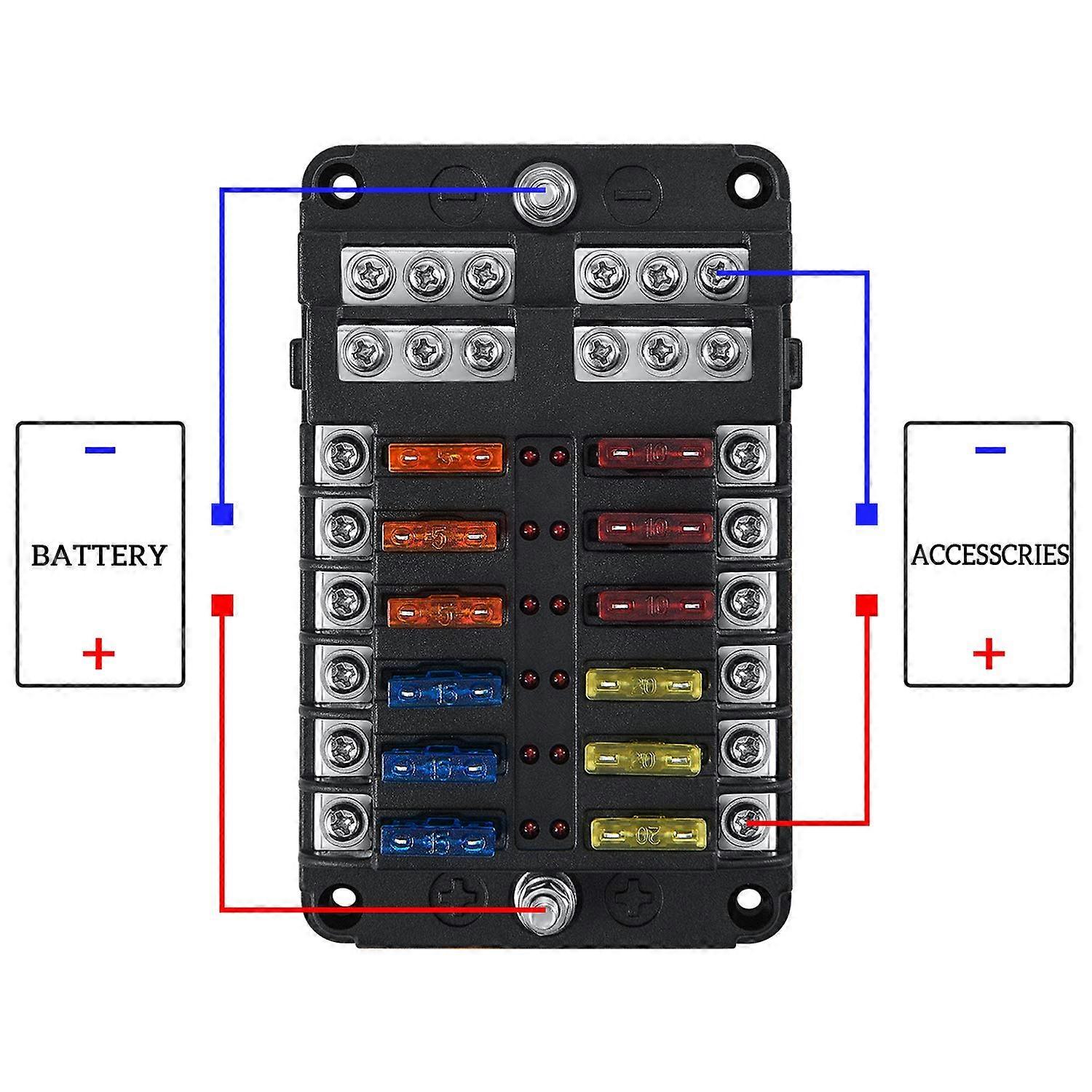 Fuse Box, 12-Way Blade Fuse Block with LED Indicator, 12 Circuits Fuse Box Holder with W ...