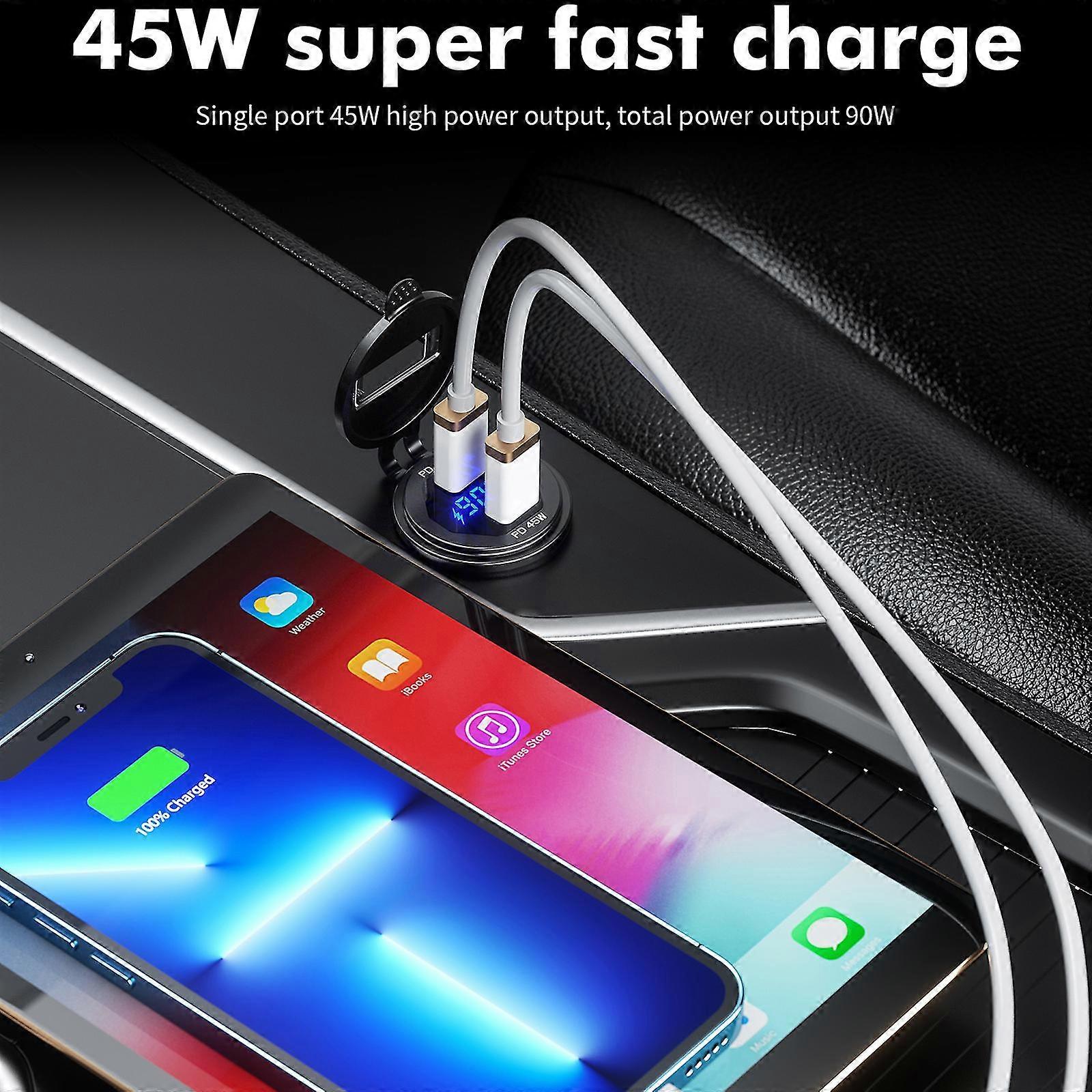 Metal 90w Dual Type C Usb C Pd Fast Car Charger With Voltage/power ...