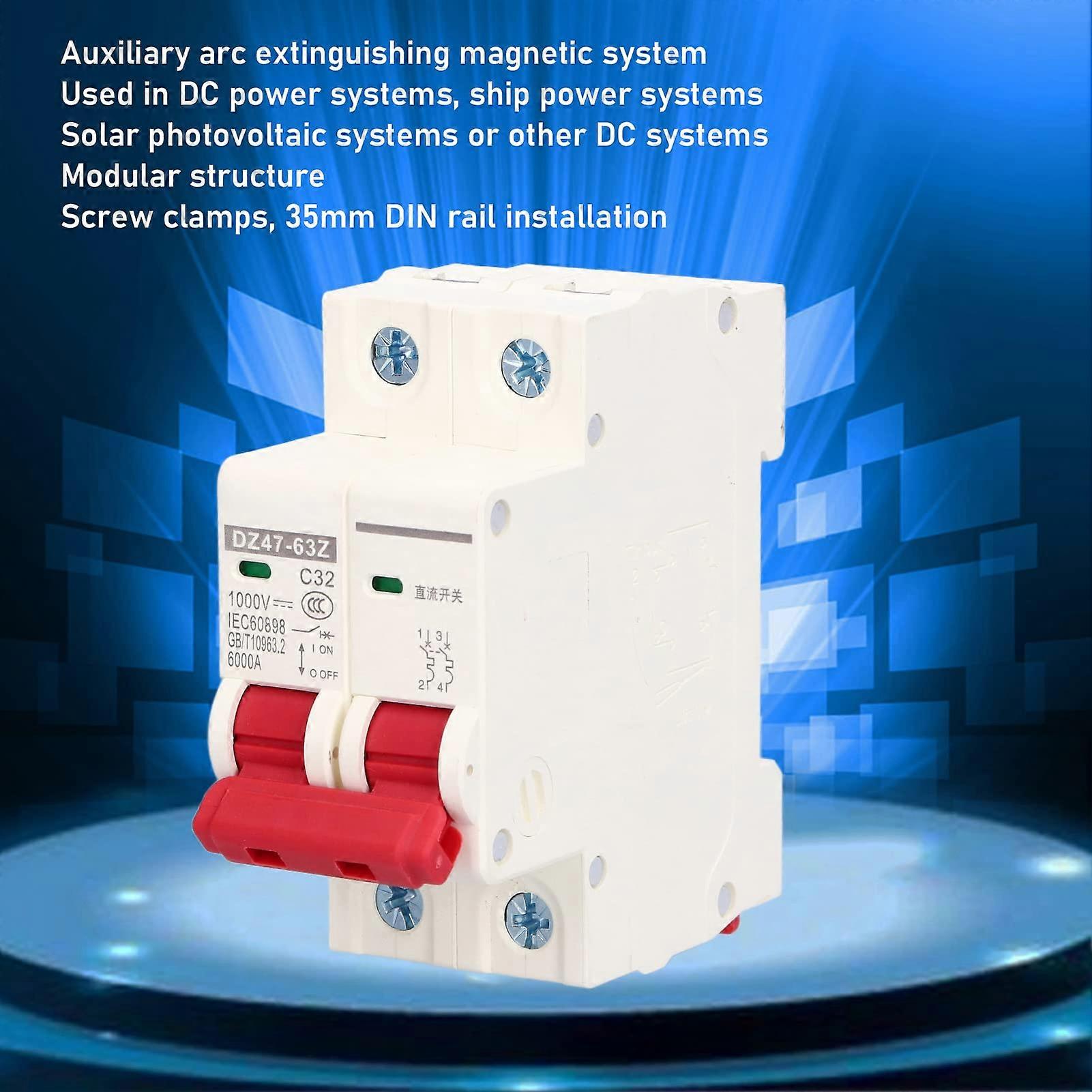 DC Miniature Circuit Breaker, 2P Circuit Breaker Low Voltage DIN Rail Mount 32A DC 1000V, DC ...