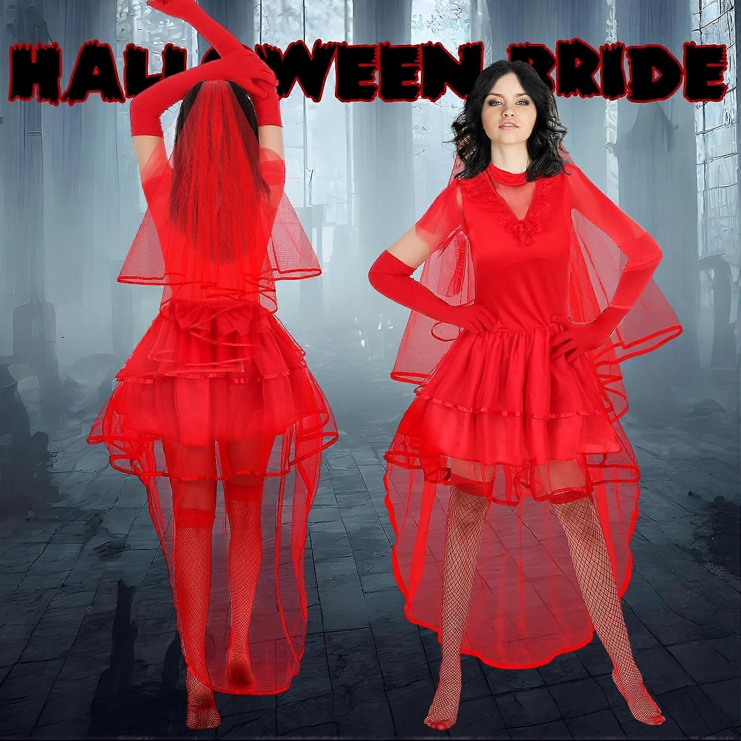 Women Halloween Cos Bride Costume Set Adult Red Gothic Wedding Dress ...