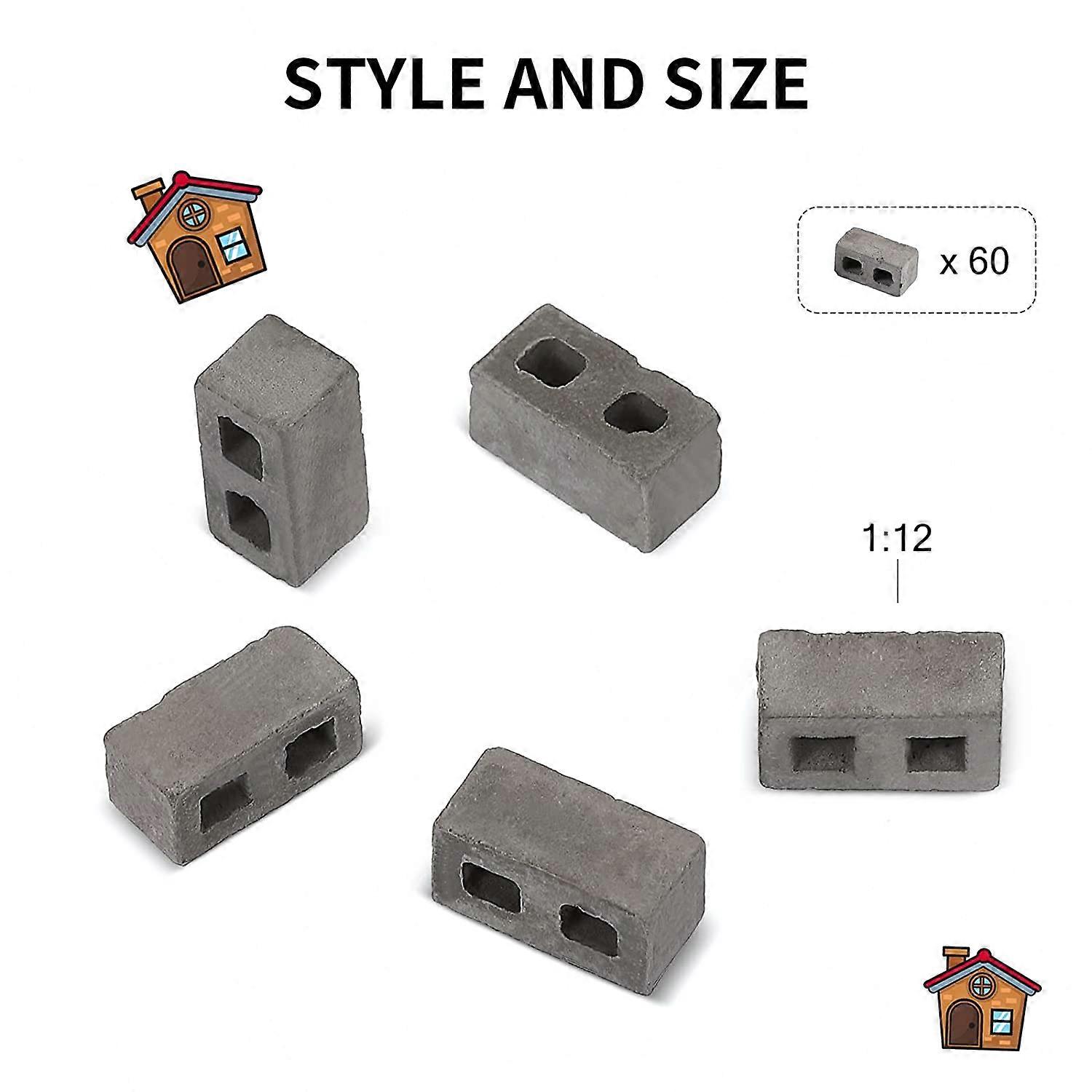 60 Packs Cinder Blocks 1/12 Scale Mini Bricks Concrete Miniature Bricks ...
