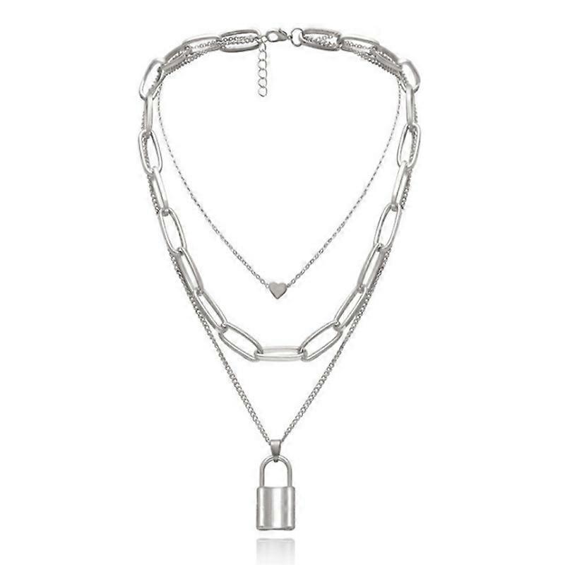 Silver Layered Necklace Aesthetic Punk Jewelry Lock and Key Thick Chain ...