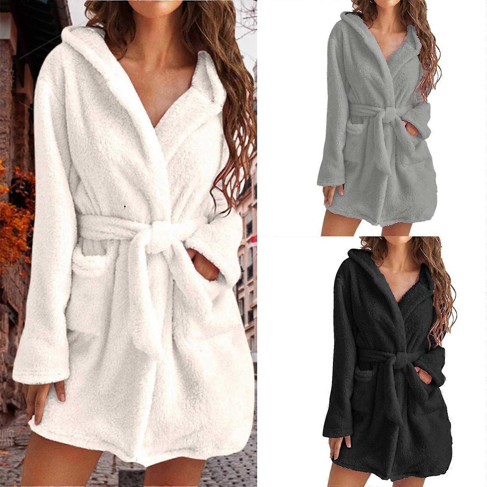 Fuzzy Robe for Women Midi Length Bathrobe Belted Solid Color Plush ...