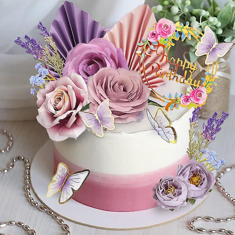 17Pcs Flower Cake Toppers Butterfly Cake Decorations Happy Birthday ...