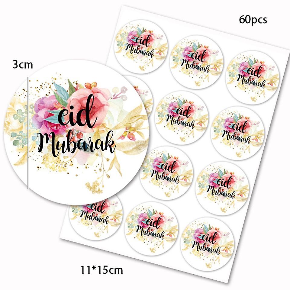 60pcs EID Mubarak Stickers Round Sticker Wreath Flower Type Stickers ...