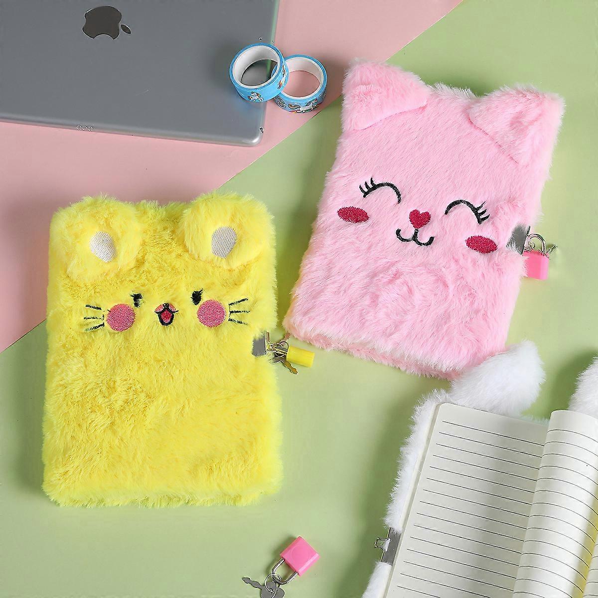 Cute Cat Face Plush Diary with Lock and Key, A5 Lined Hardcover Secret ...