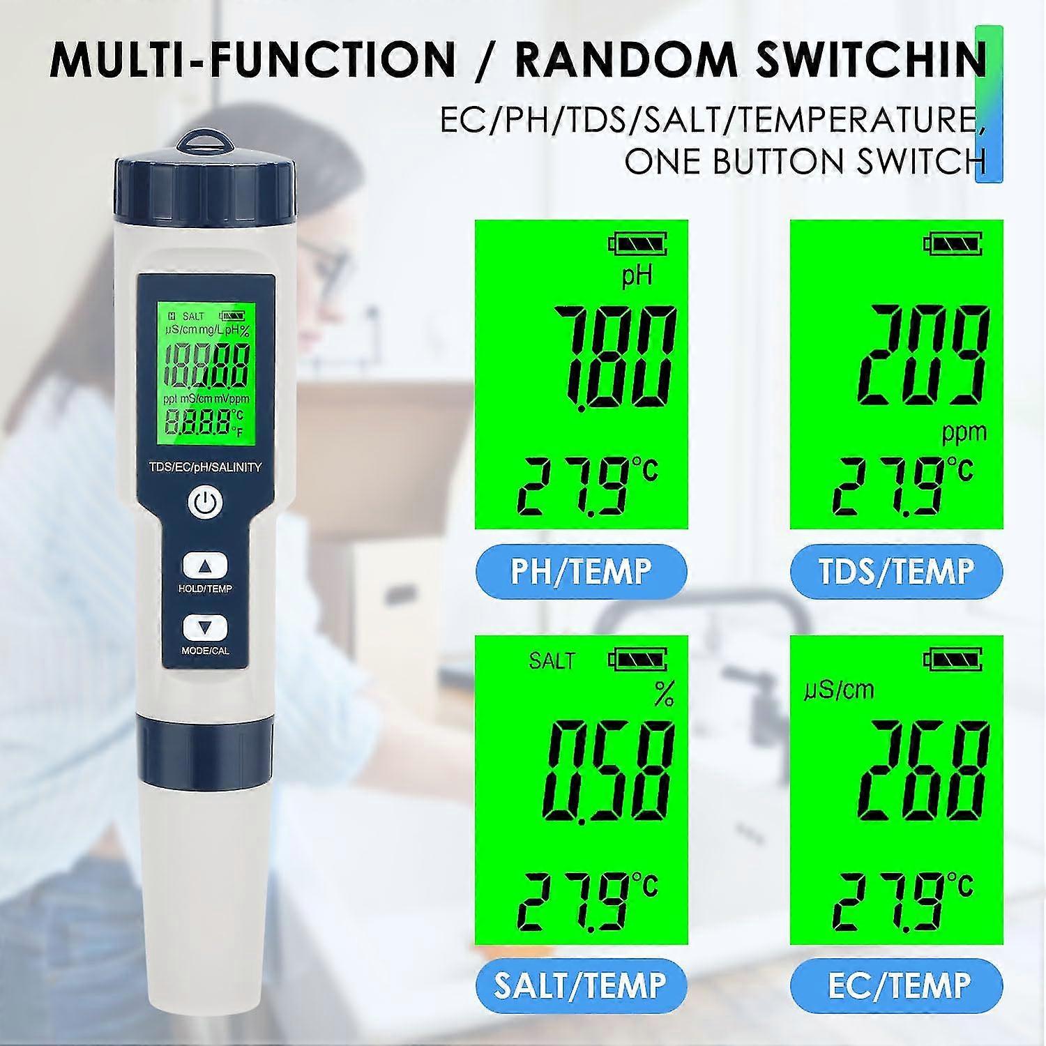 5 In 1 Ph Meter For Water, Ph/tds/ec/temp/salt Meter, Salt Tester For ...