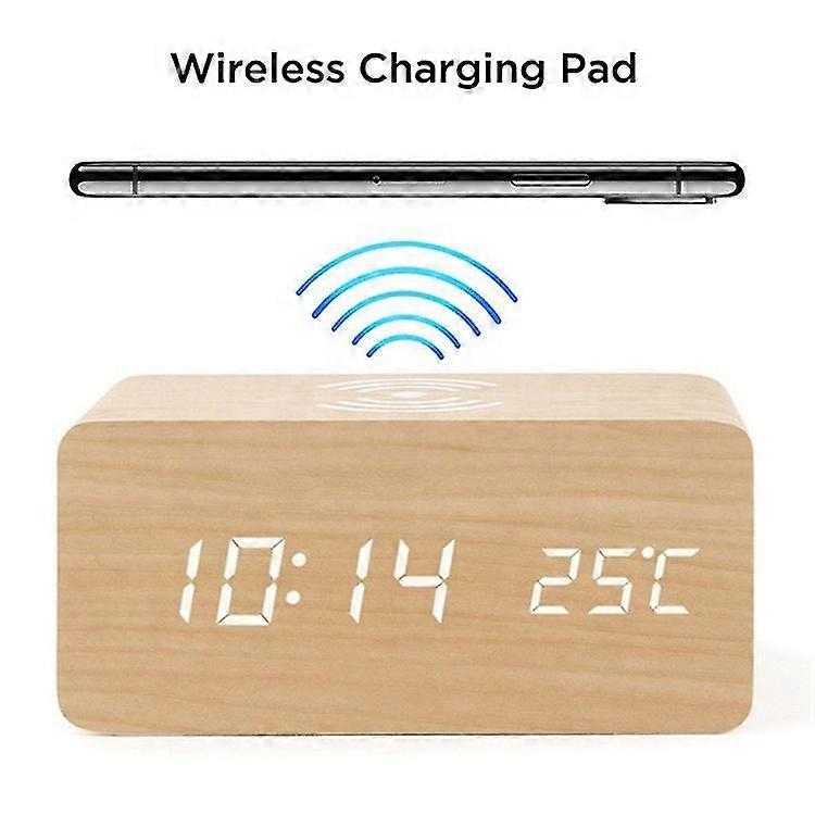 Wooden Digital Alarm Clock (bamboo) With Wireless Charging, Adjustable ...