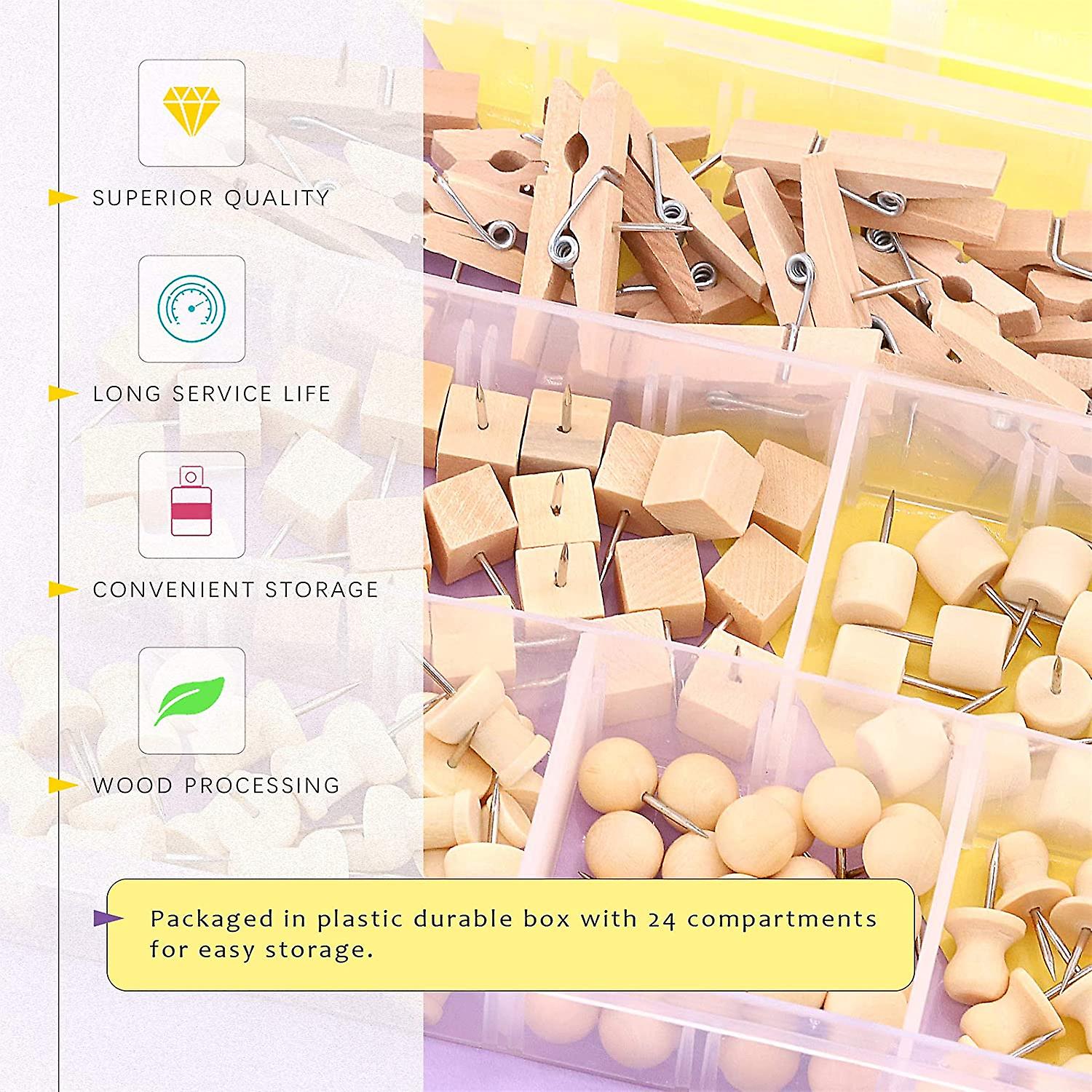 135pcs 6 Types Wood Push Pins Assortment Kit, Wooden Head Pins Steel ...