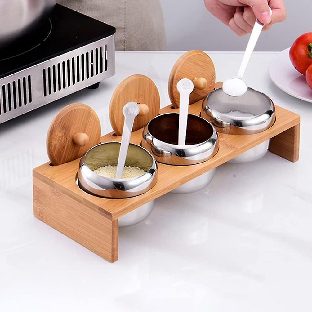3Pcs Stainless Steel Seasoning Containers Wooden Spice Jar Spice Rack ...