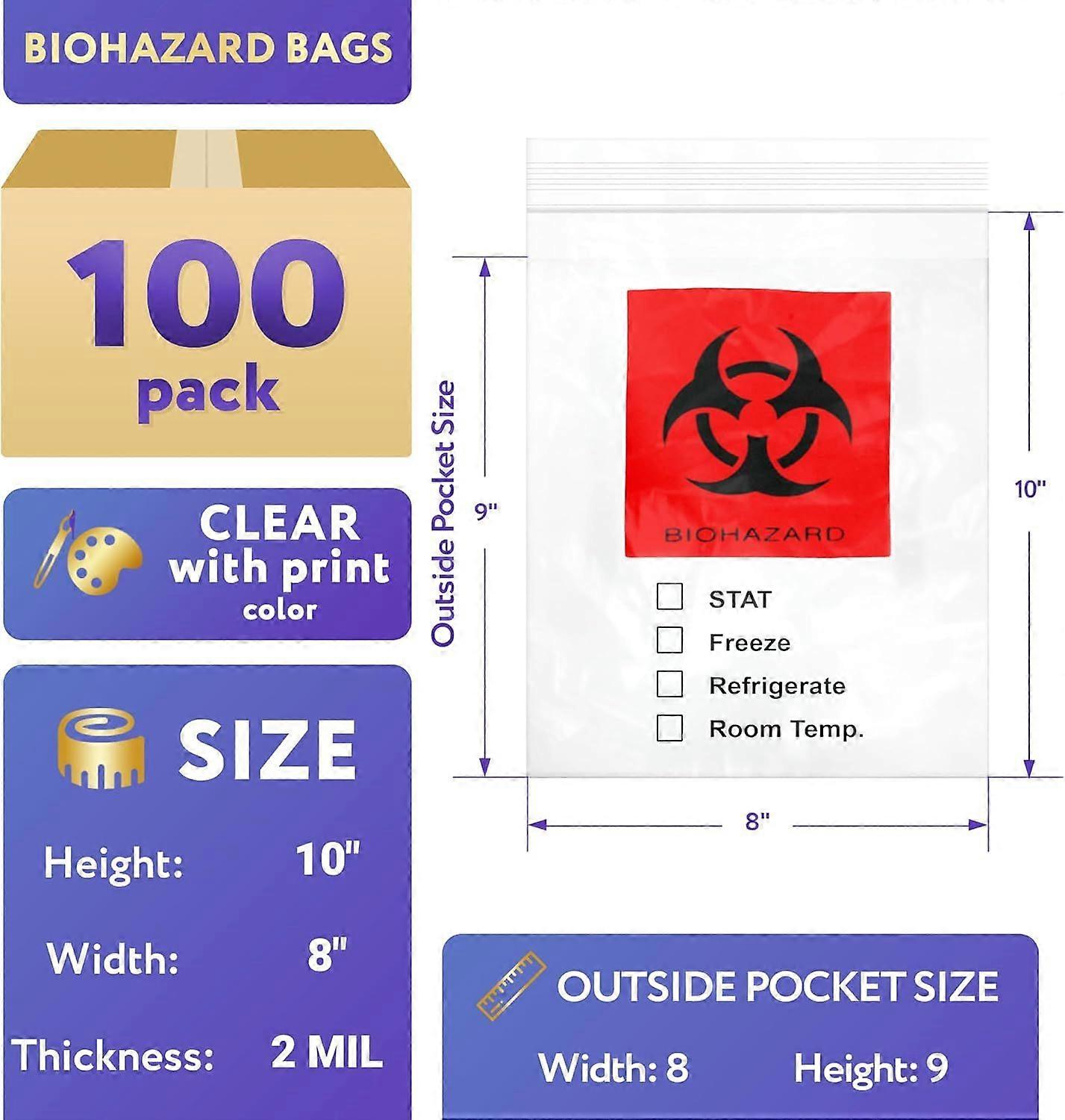 Pack of 100 Biohazard 3 Wall Specimen Bags 8 x 10. Zipper Biohazard Lab ...