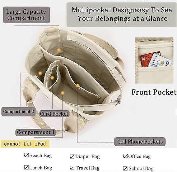 Multi-Pocket Tote Bag with Zipper, Canvas Handmade Handbag with ...