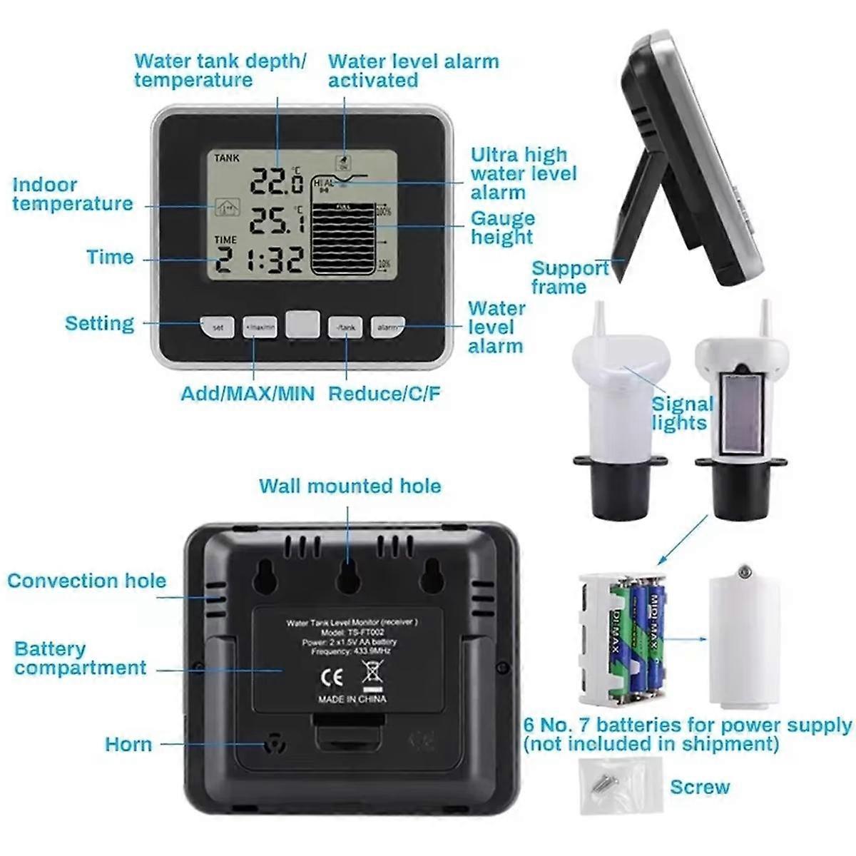 Wireless Water Level Indicator Gauge Water Tank Sensor Liquid Level ...