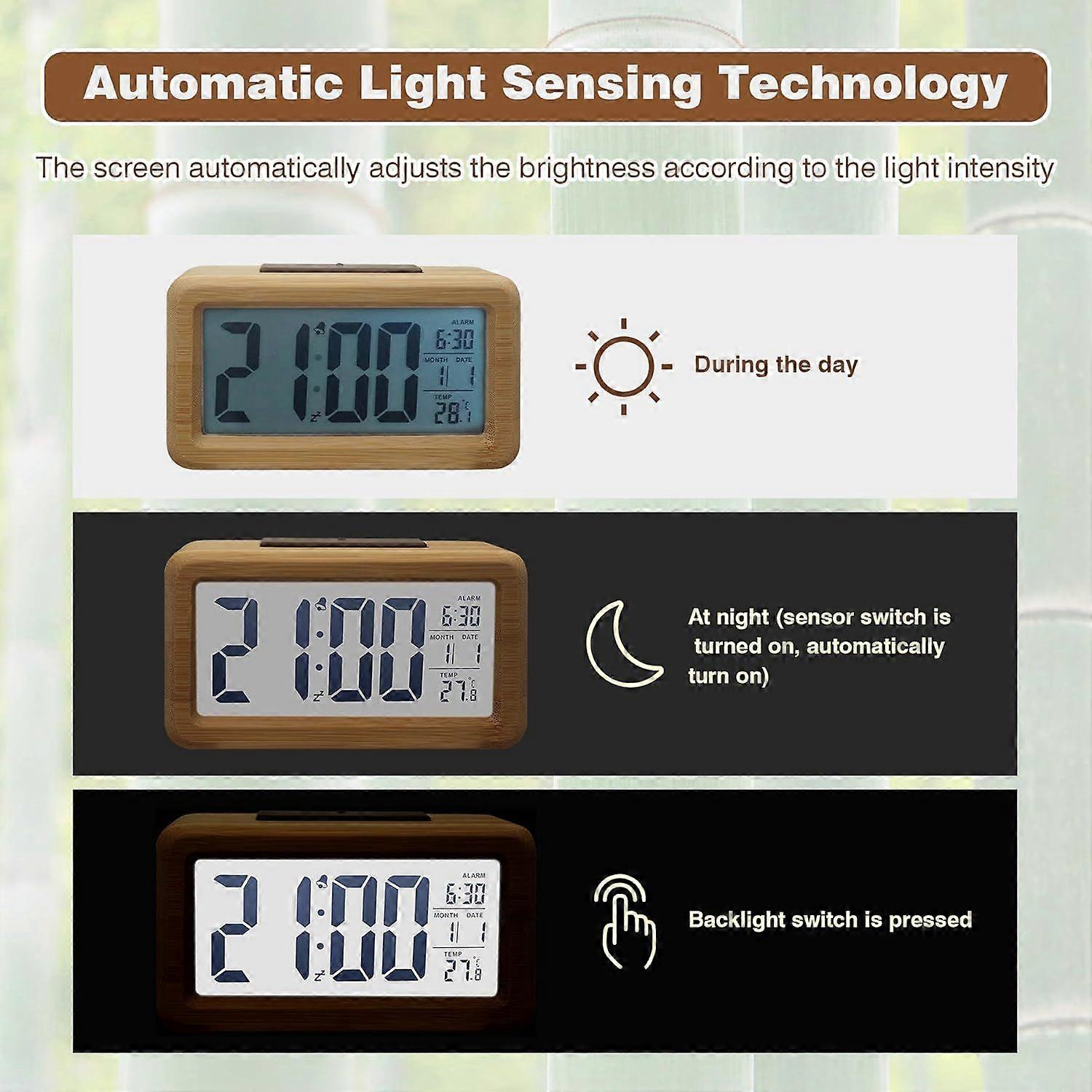 Wooden Digital Alarm Clock with LED Display, Smart Sensor Night Light ...