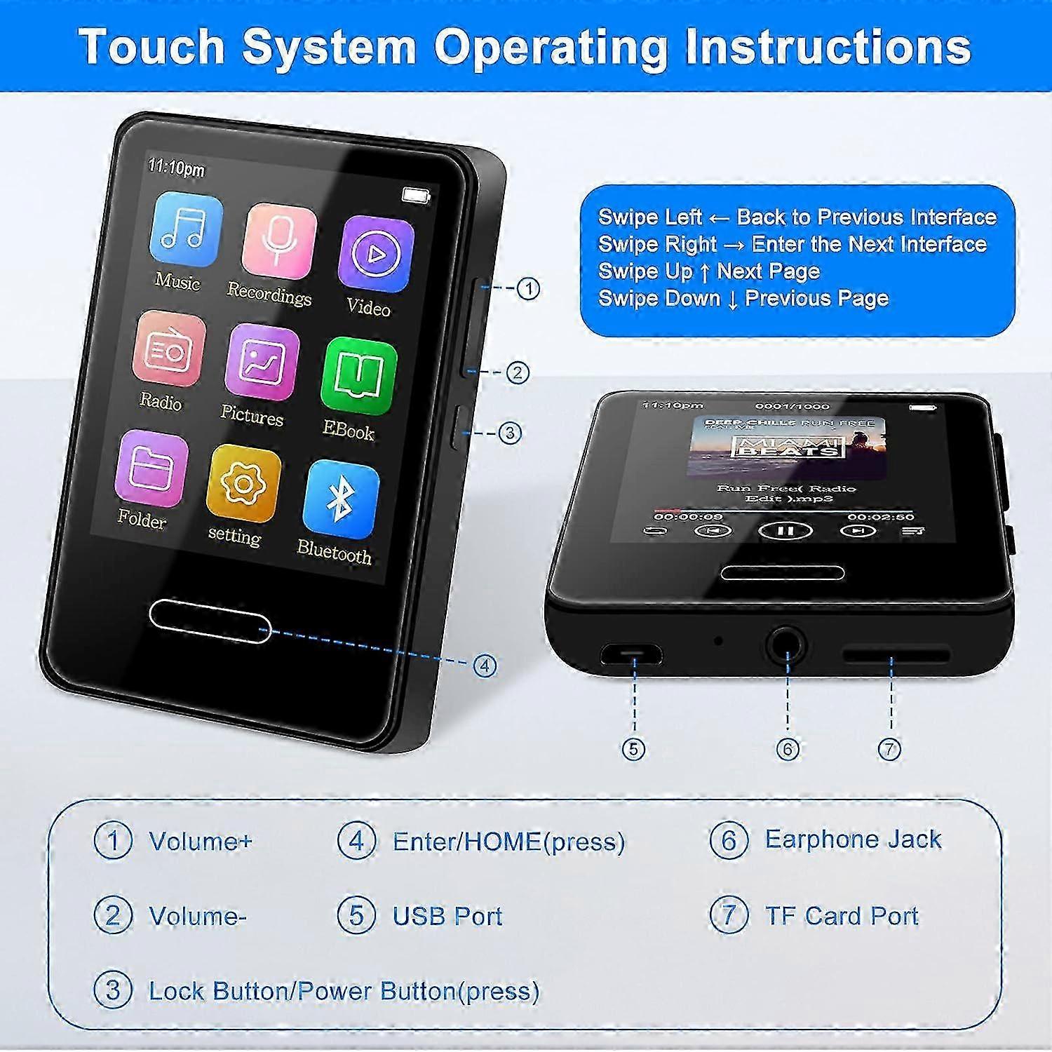 2026 MP3 Music Player with Bluetooth: 16GB Portable Touchscreen MP3 ...