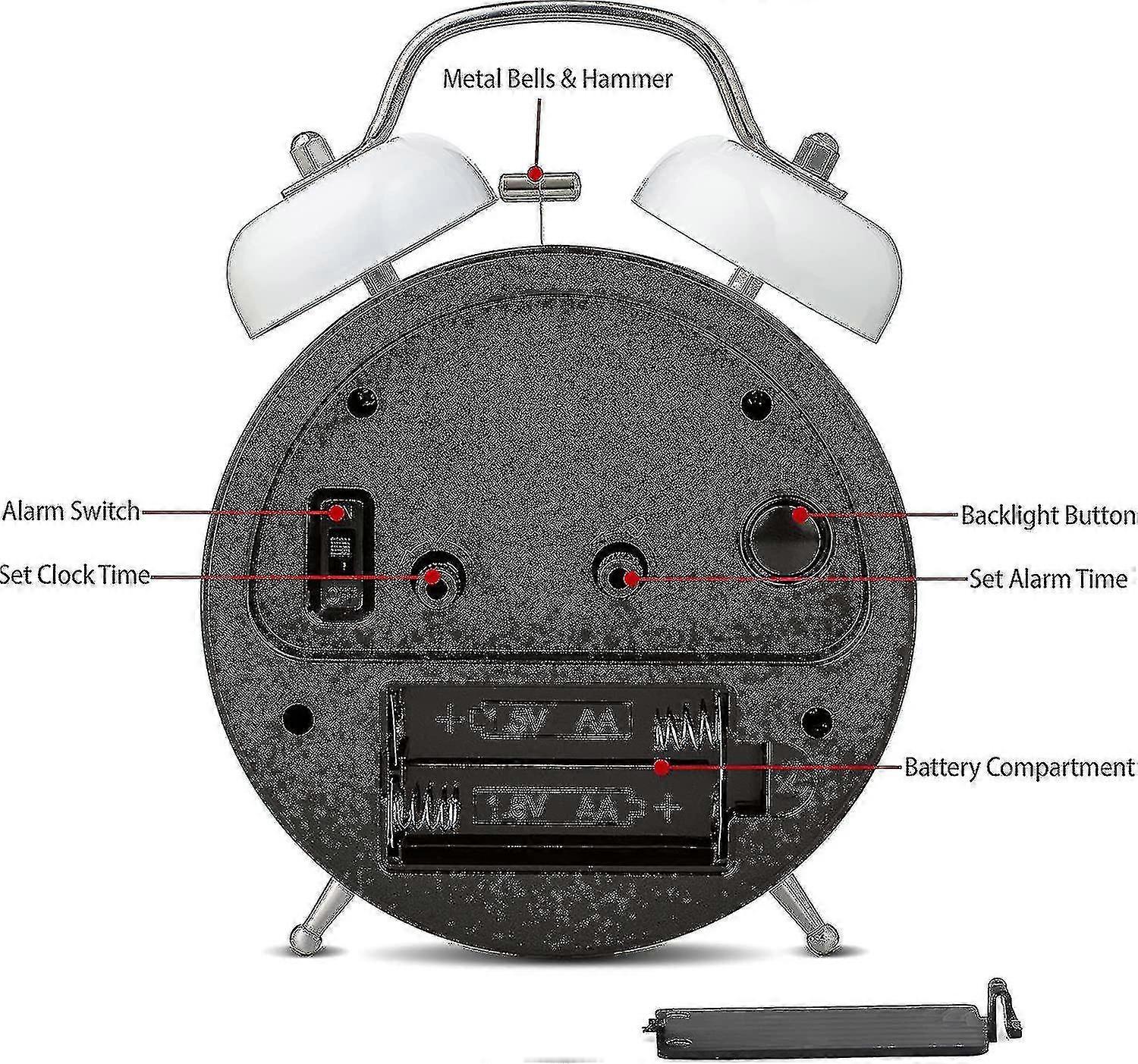 Analog Alarm Clock Extra Loud Twin Bells Retro White Silent Non-ticking ...