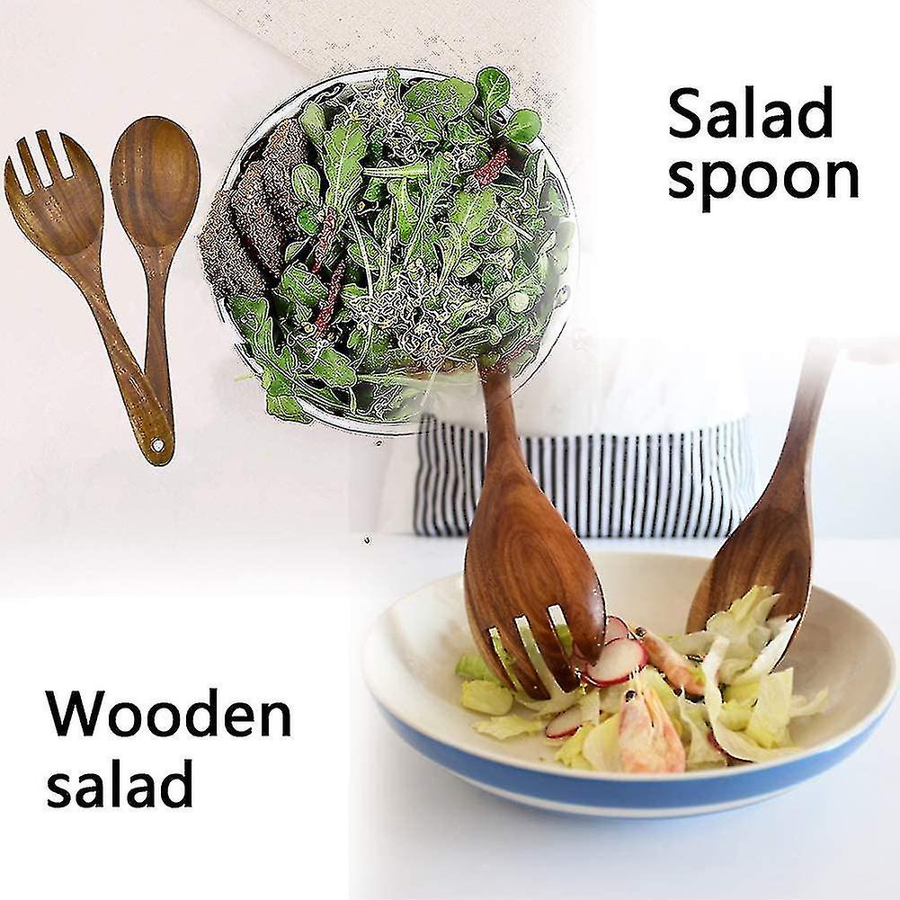 2pcs Wooden Salad Servers, Wooden Spoon Fork Kitchen Utensils Sets ...