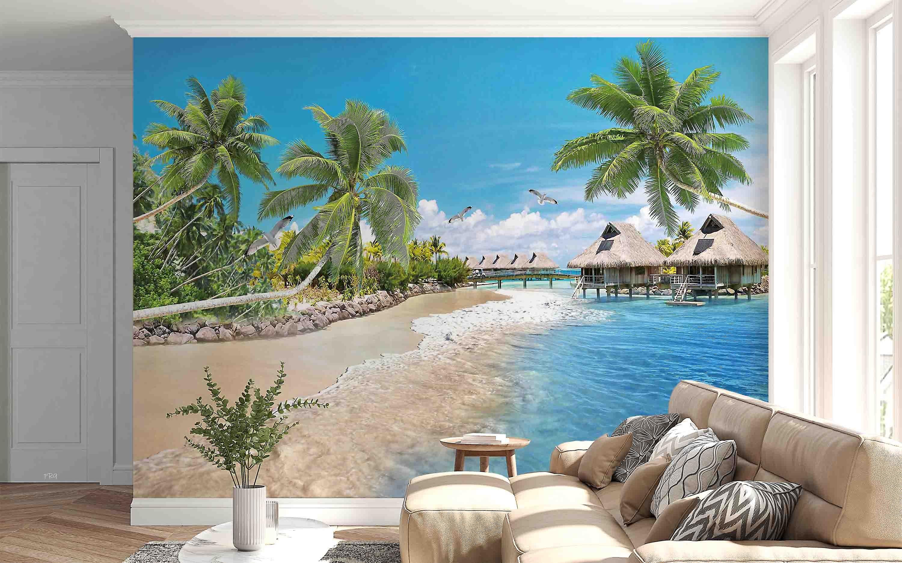 3D Tropical Beach Ocean Waves Sea Coconut Tree Resort Wall Mural ...