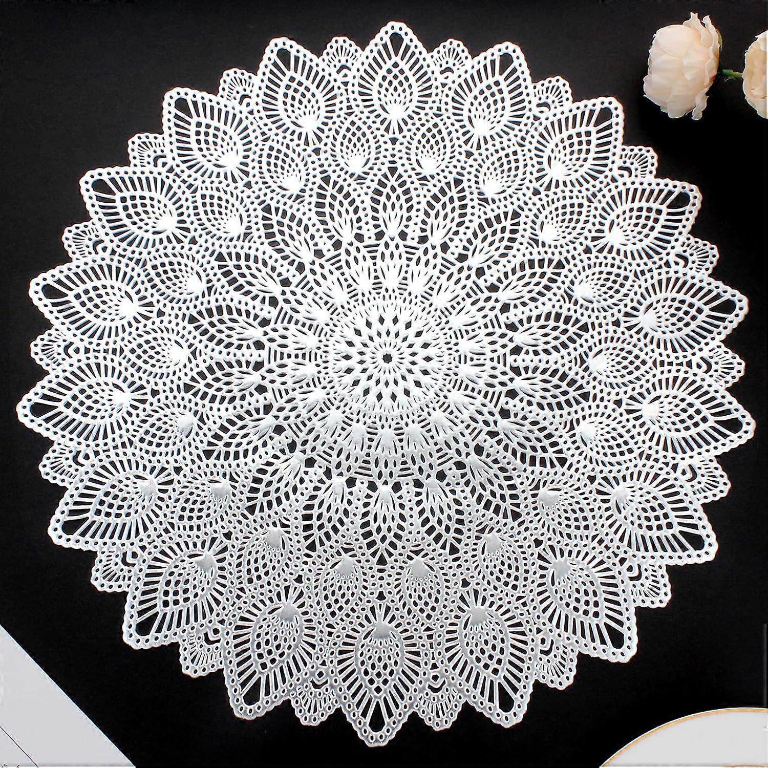 Set of 4 Silver Round Placemats, Hollow Out Washable and Wipeable Place ...