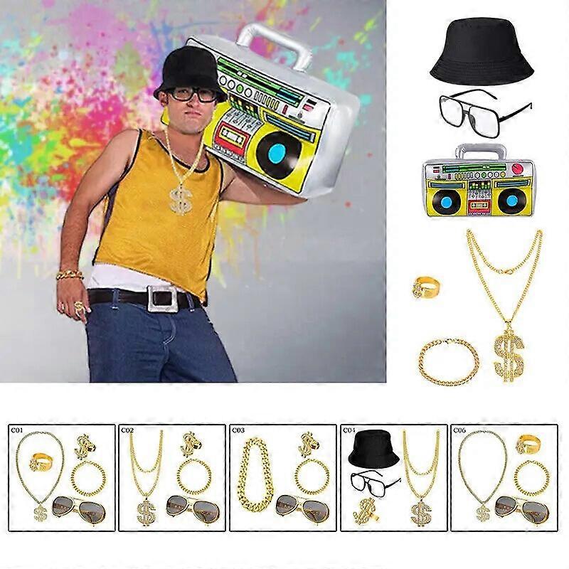 80S 90S Costume Accessory Set Hip Hop Costume Kit Radio Box Gold ...