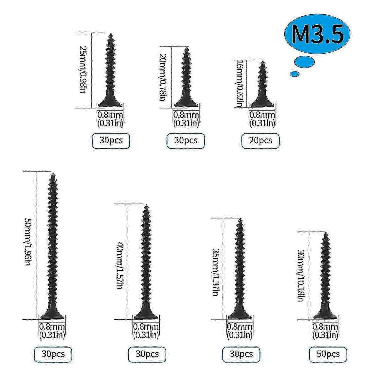 220 Pieces Self-Tapping Wood Screws Set - Black Cross Flat Head Self ...