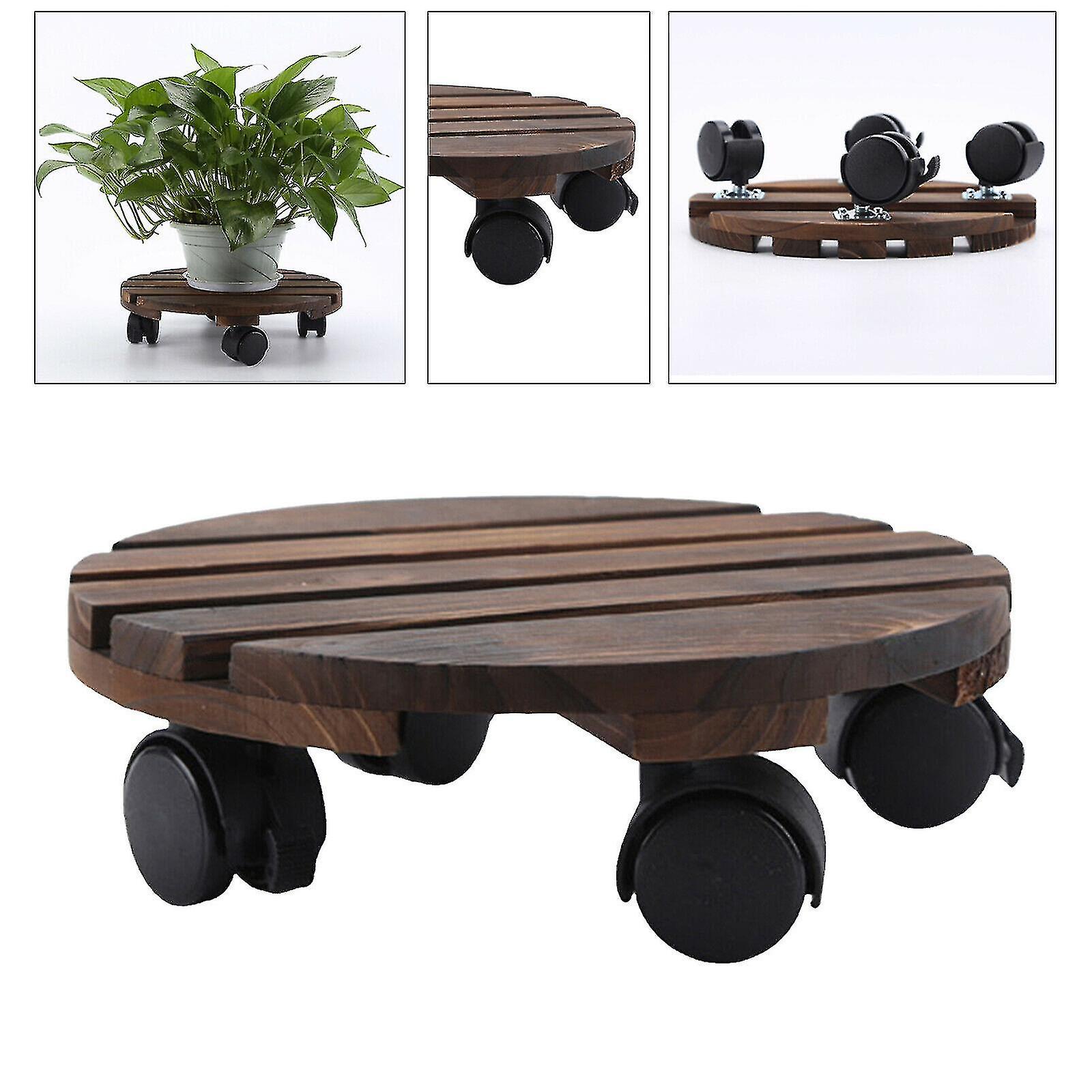 Movable Plant Stand Round Flower Pot Wooden Trolley Mover With Wheels ...