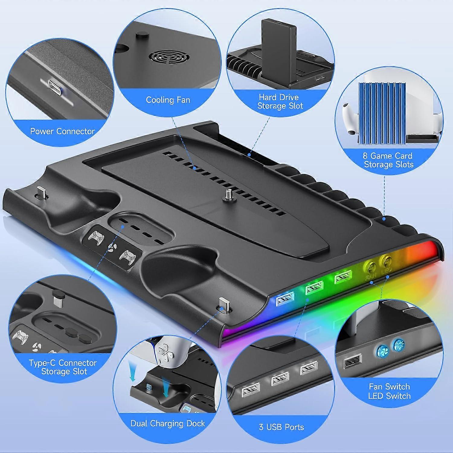 For PS5 Slim Cooling Stand, RGB Vertical Console Storage Dock With Dual ...