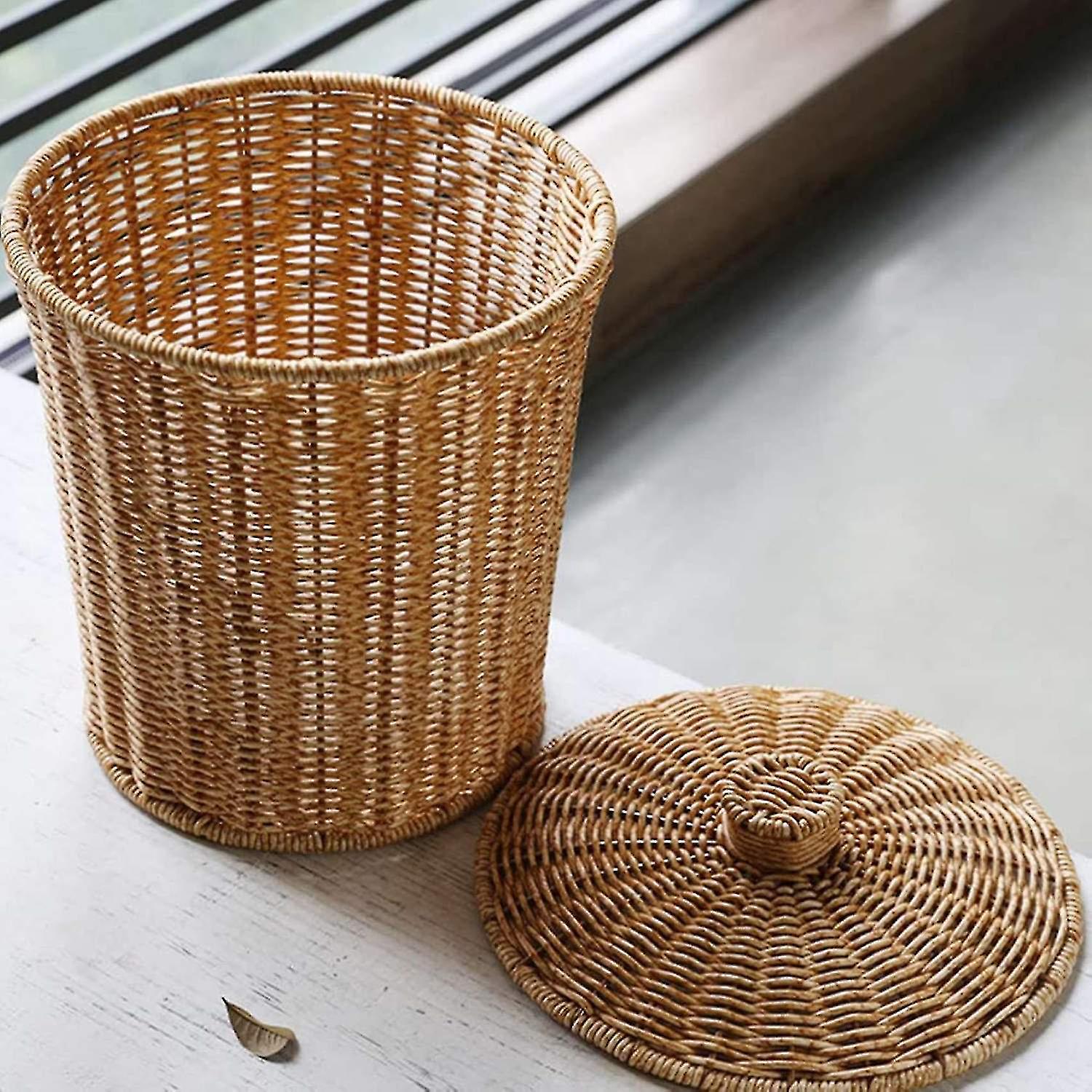 Woven Basket Trash Can Round Rattan Waste Basket With Lid Planter Woven ...